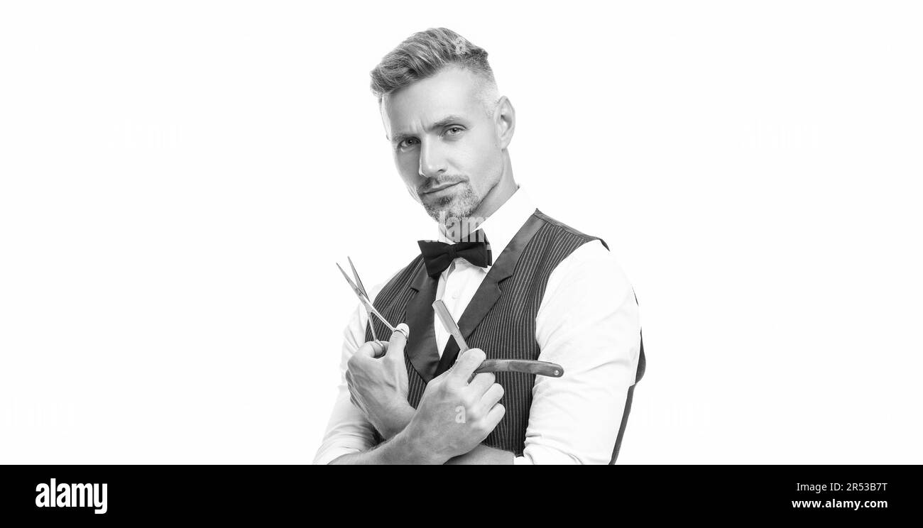 serious man barber with razor blade and scissors in bow tie isolated on ...
