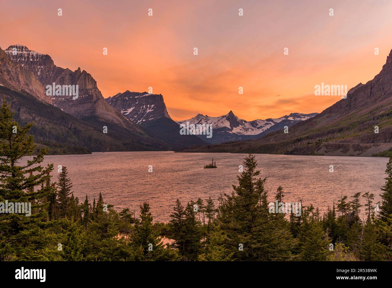 Sunset at Saint Mary Lake - A panoramic Spring sunset view of Saint ...