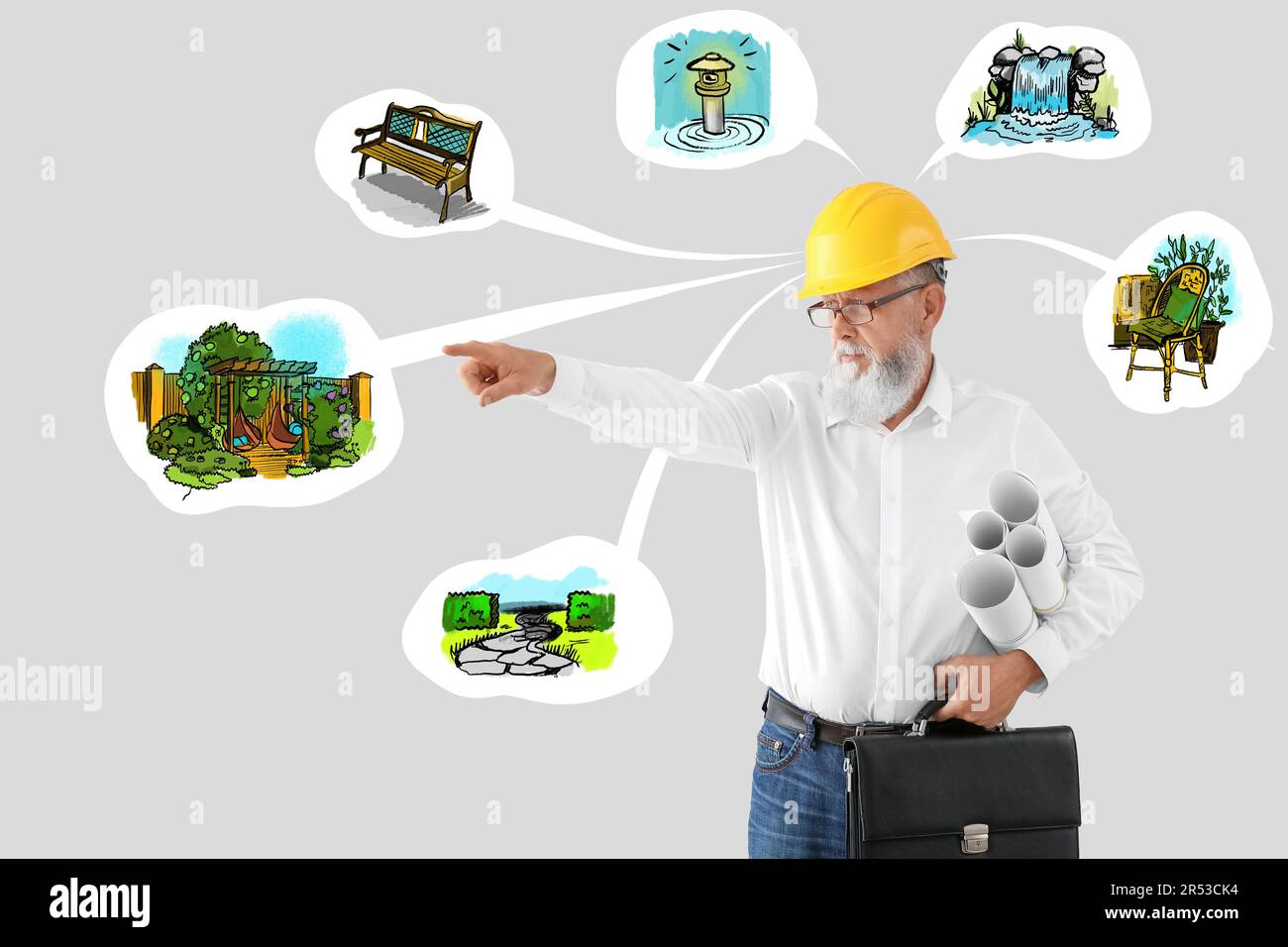 Mature male landscape designer with drawings on grey background Stock ...