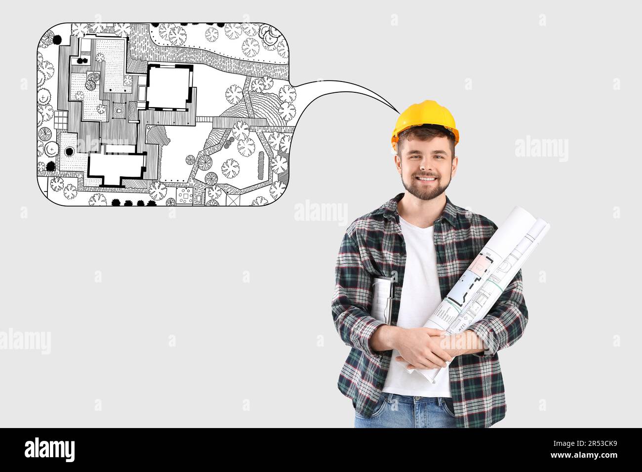 Male landscape designer with drawings on grey background Stock Photo ...