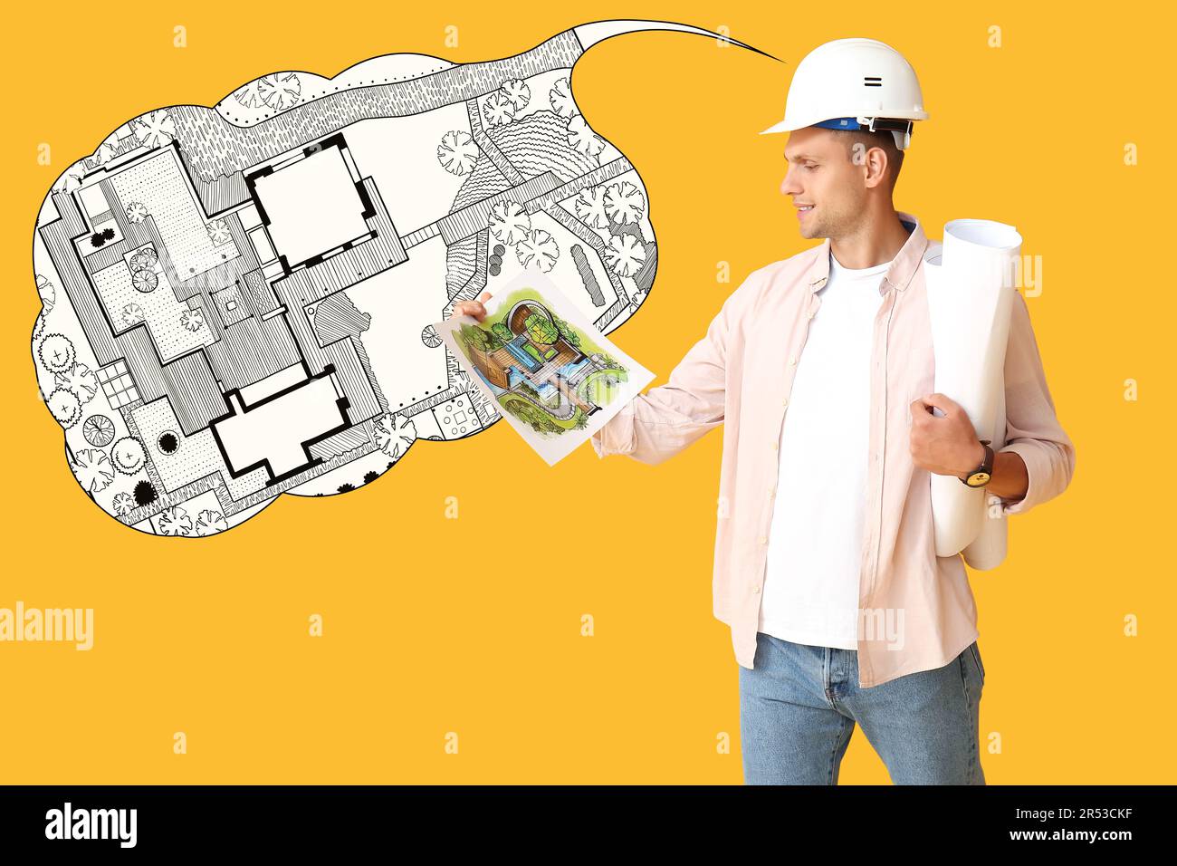 Male landscape designer with drawings on yellow background Stock Photo ...