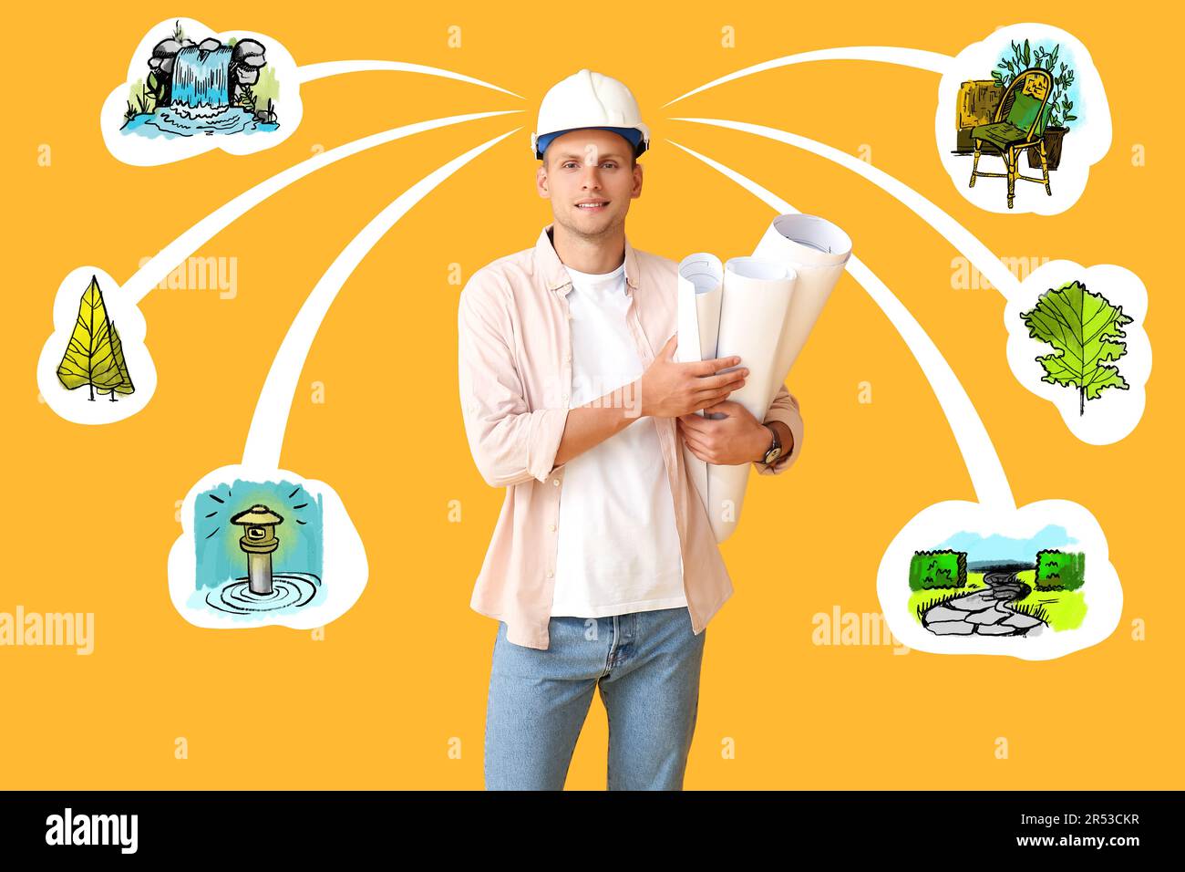 Male landscape designer with drawings on yellow background Stock Photo ...