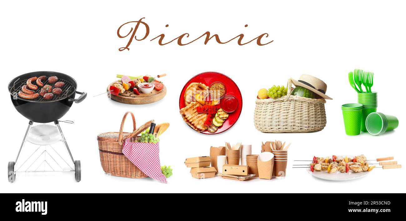 Set for picnic with accessories and tasty food on white background ...