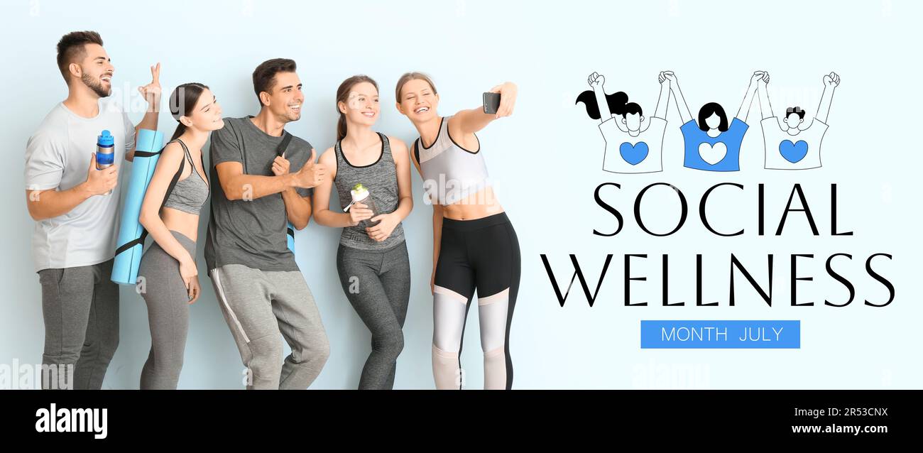 Banner for Social Wellness Month with group of young sporty people ...