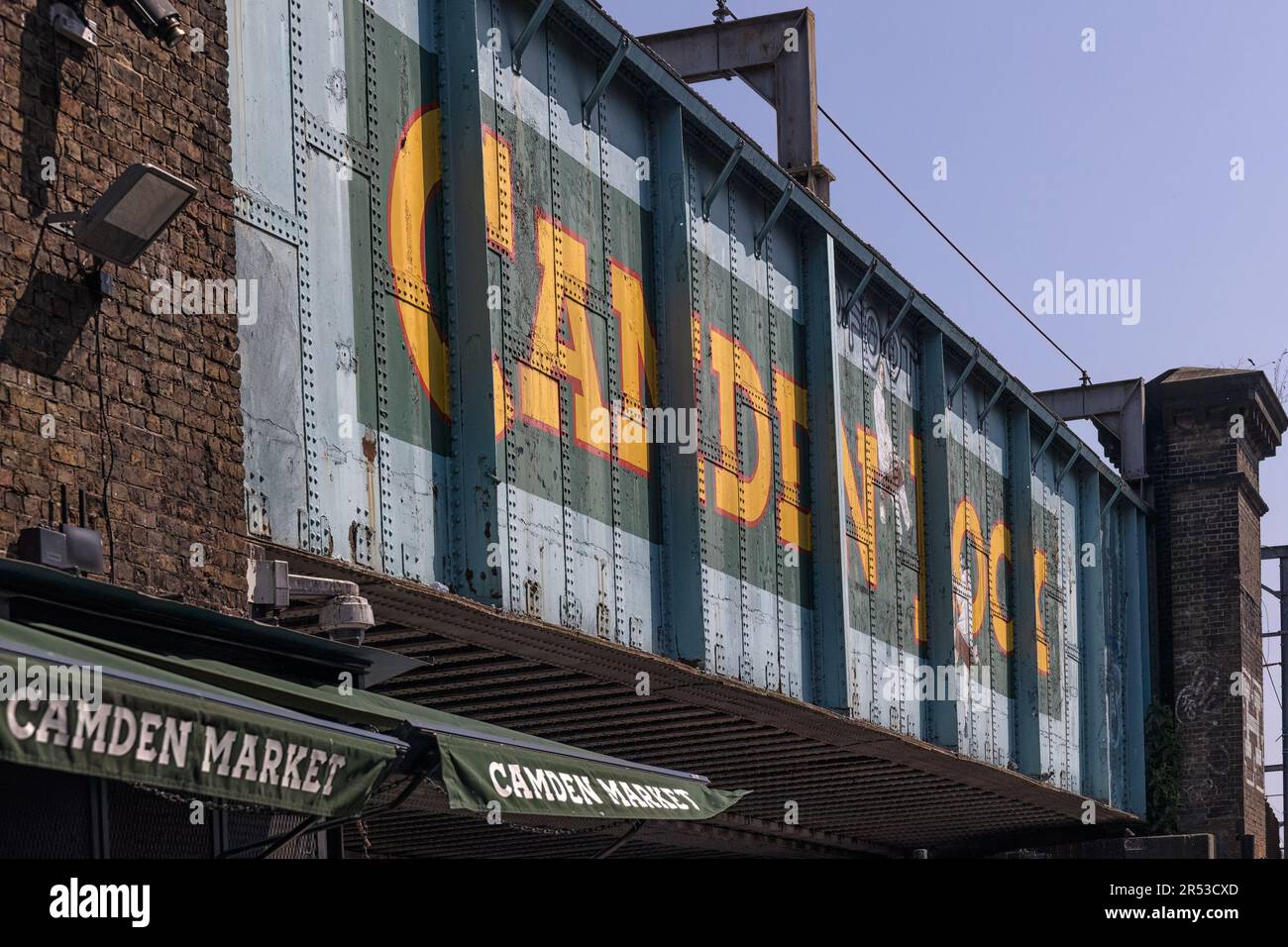 LONDON, UK - MAY 27, 2023: Painted Camden Lock sign on side of railway ...