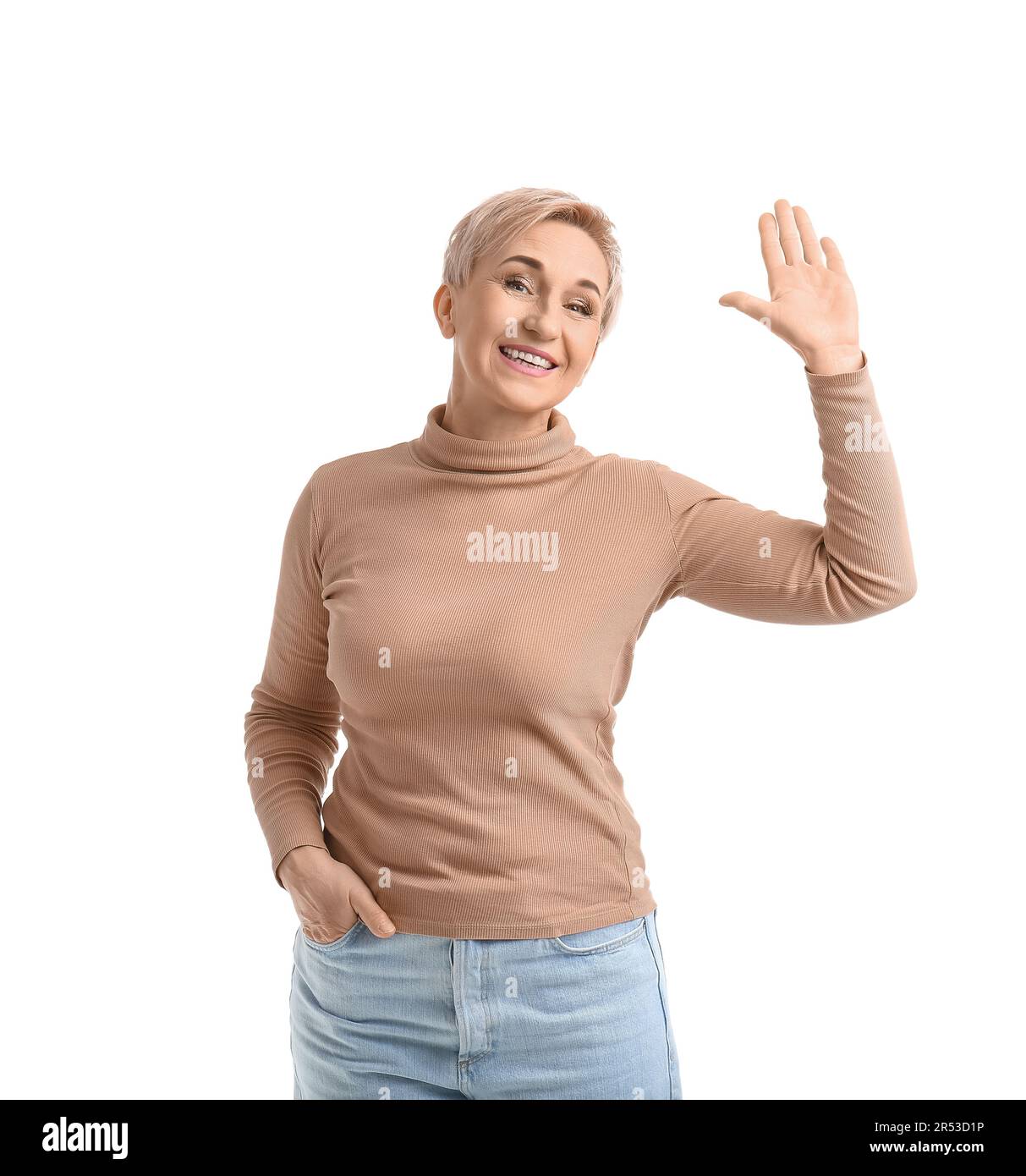 Stylish mature woman waving hand on white background Stock Photo - Alamy