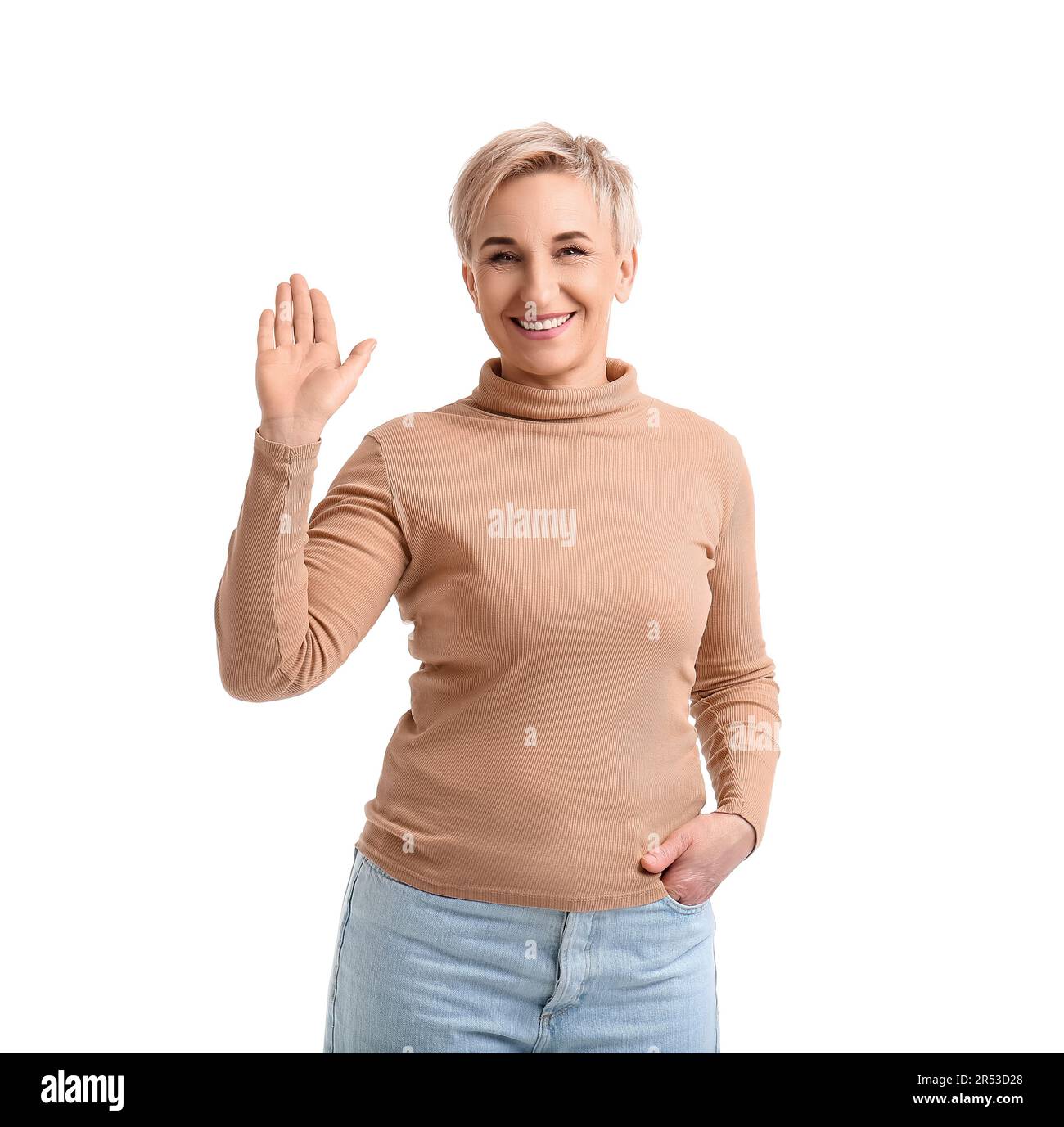 Stylish mature woman waving hand on white background Stock Photo - Alamy