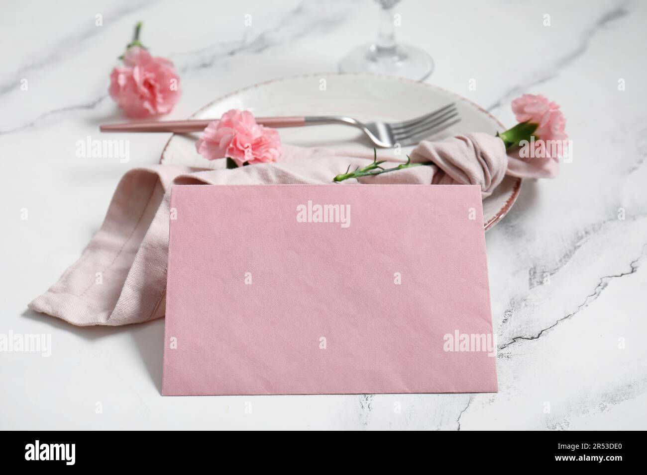 Blank invitation card on served table, closeup Stock Photo - Alamy