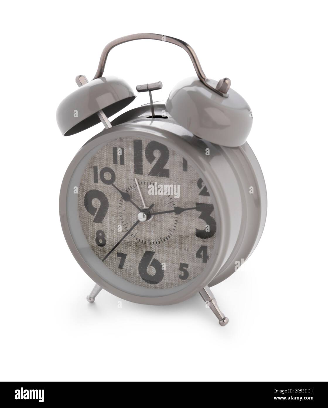Metal alarm clock on white background Stock Photo - Alamy