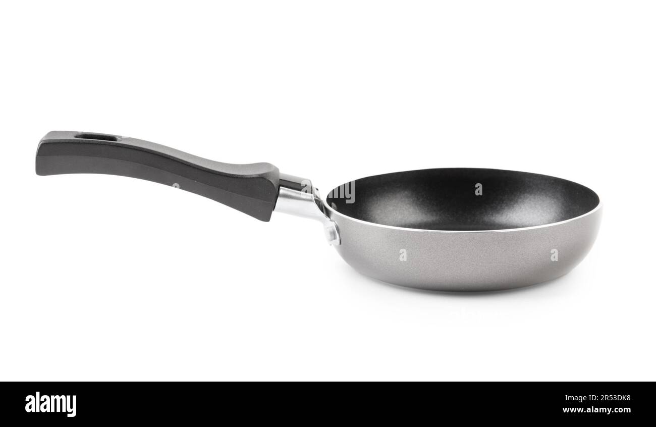 Silver frying pan on white background Stock Photo - Alamy