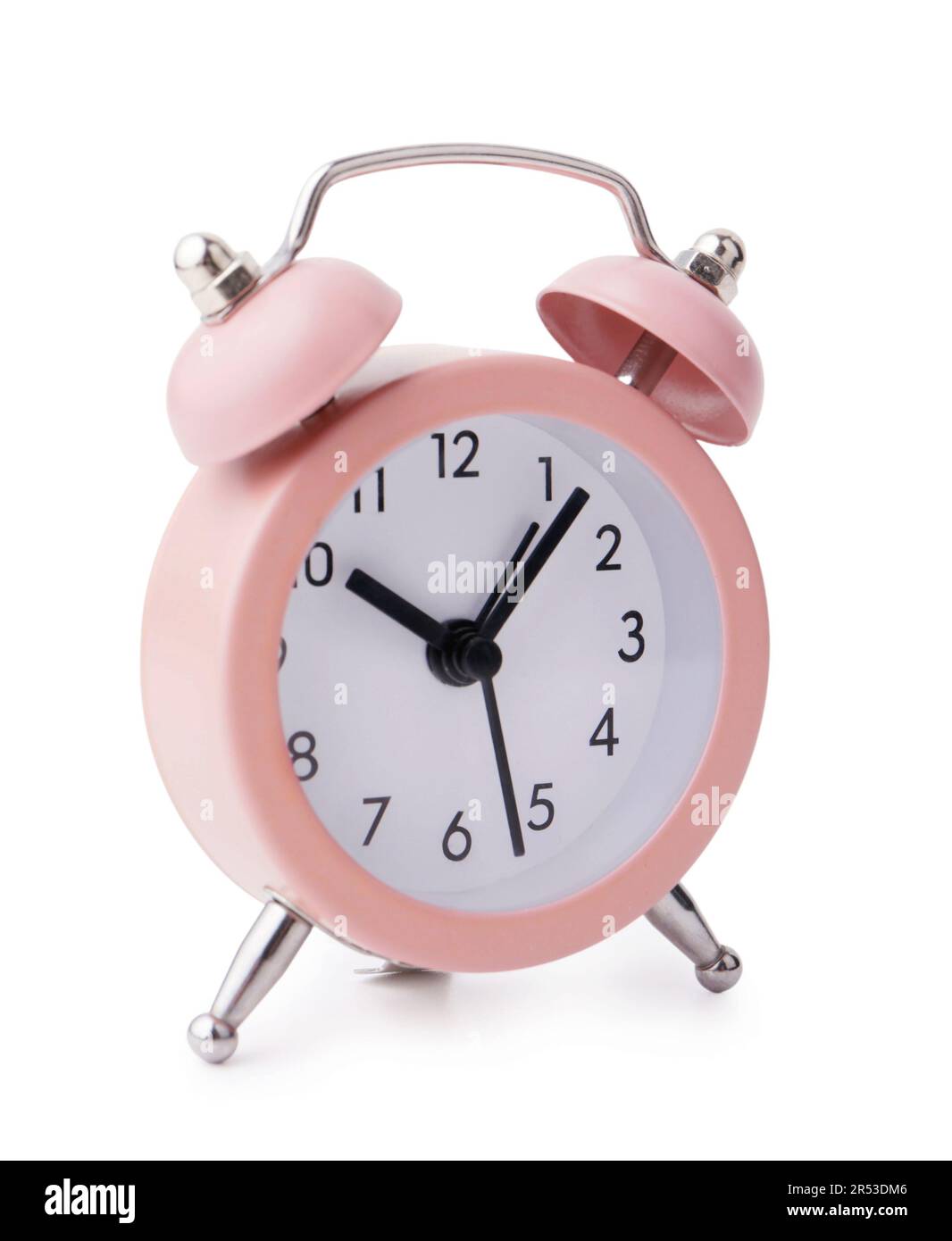 Pink alarm clock on white background Stock Photo - Alamy