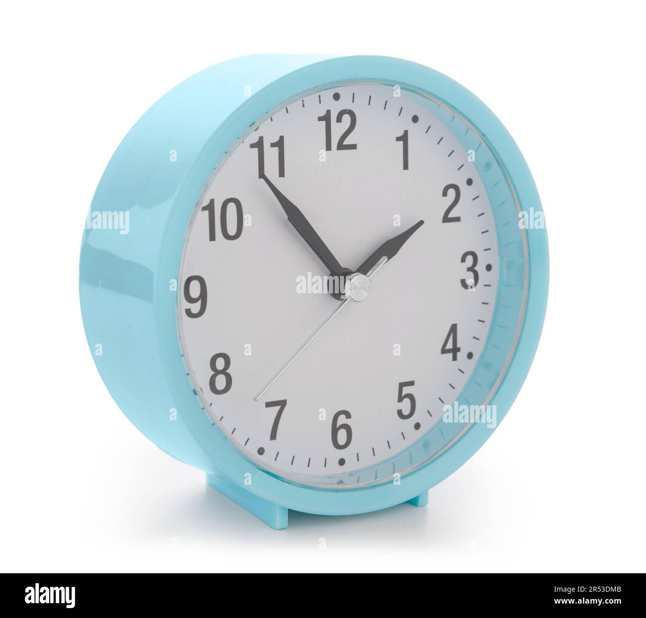 Blue alarm clock on white background Stock Photo - Alamy