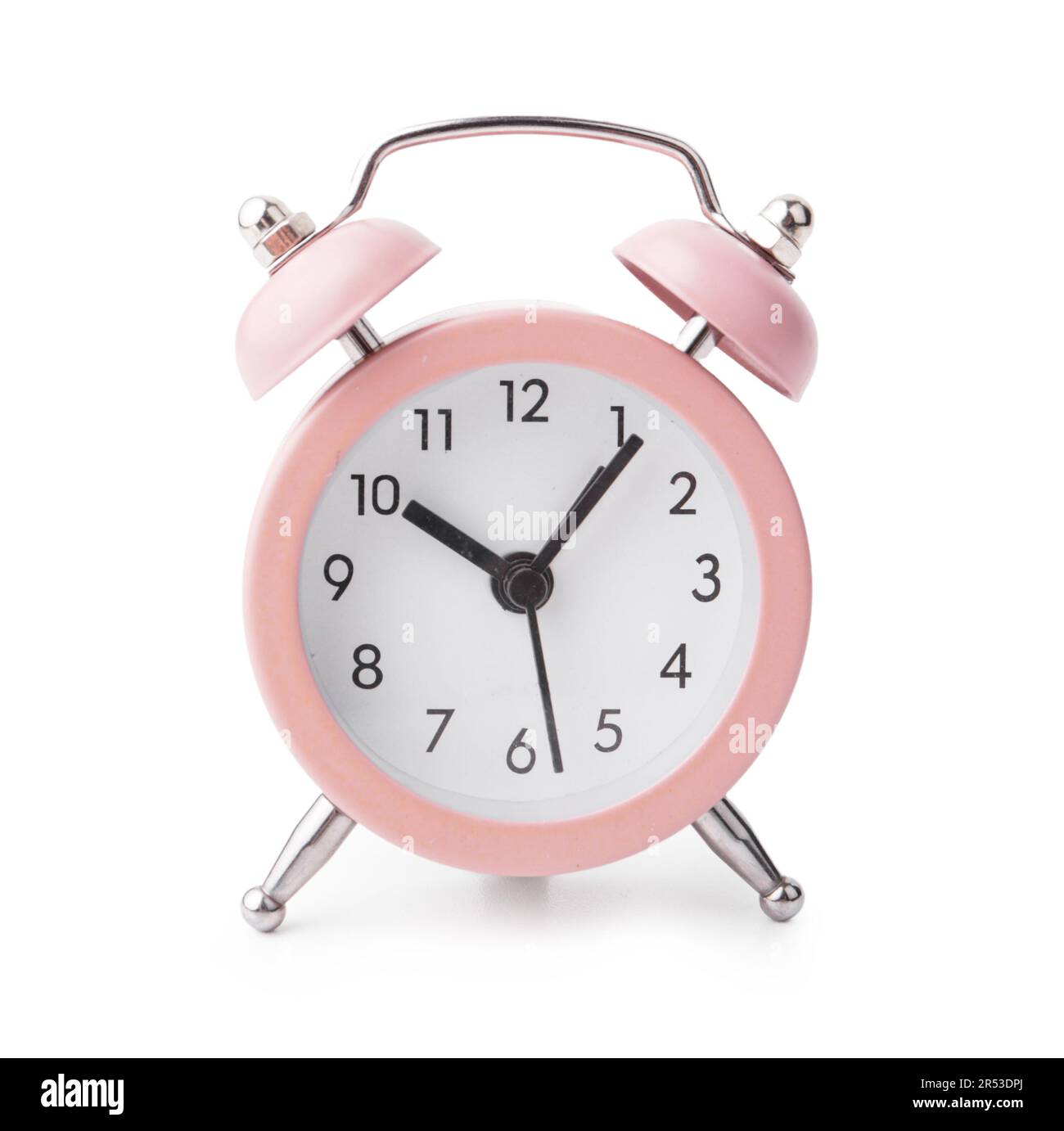 Pink alarm clock on white background Stock Photo - Alamy