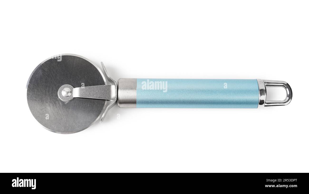 Steel pizza cutter on white background Stock Photo - Alamy