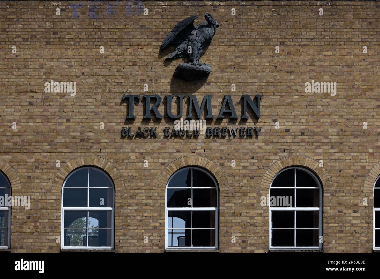LONDON, UK - MAY 28, 2023: Sign on exterior of the Old Truman Brewery ...