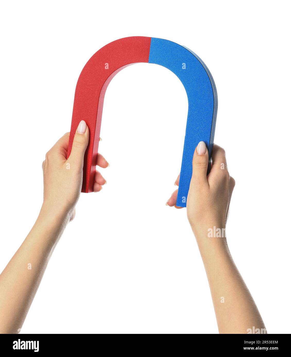 Female hands with magnet isolated on white background Stock Photo - Alamy