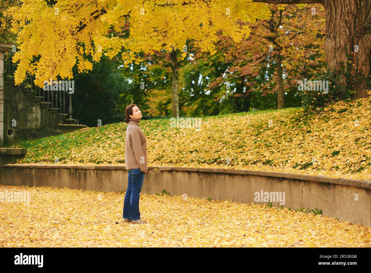 Outdoor portrait of beautiful woman in autumn park, enjoing nice nature ...