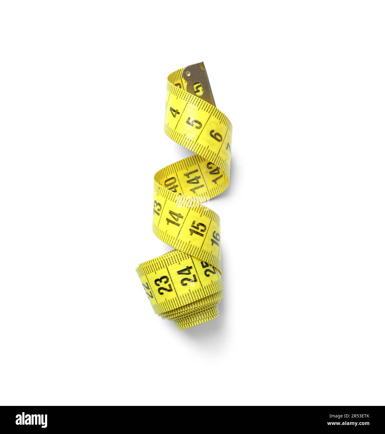 New yellow measuring tape isolated on white background Stock Photo - Alamy