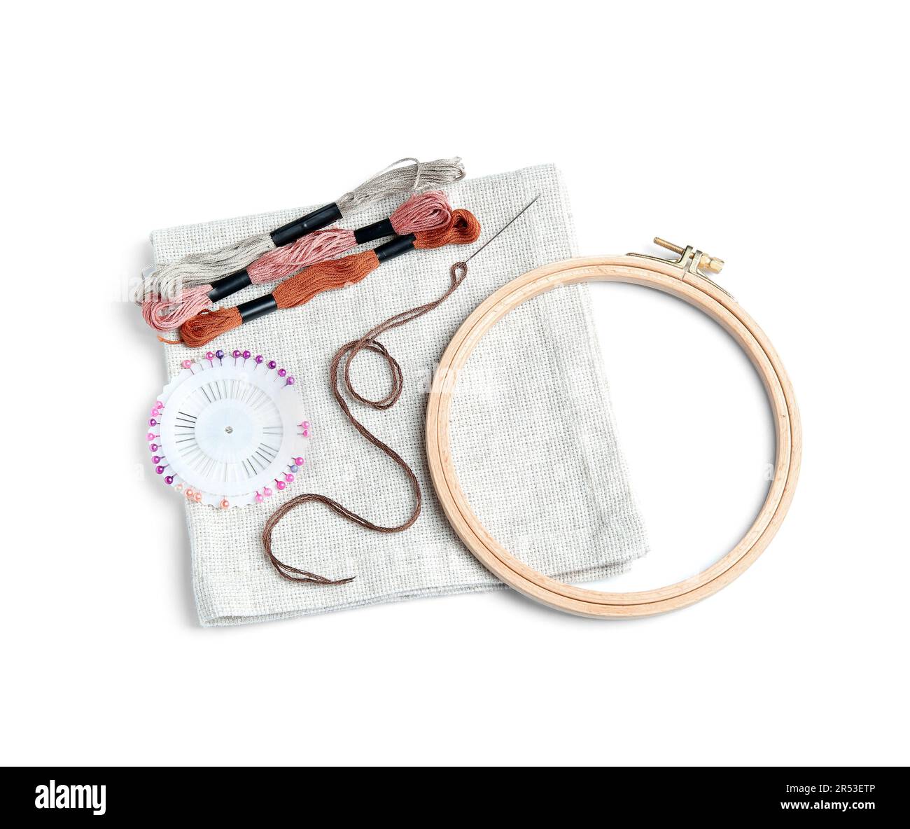 Wooden embroidery hoop with canvas, moulin threads and ball pins ...