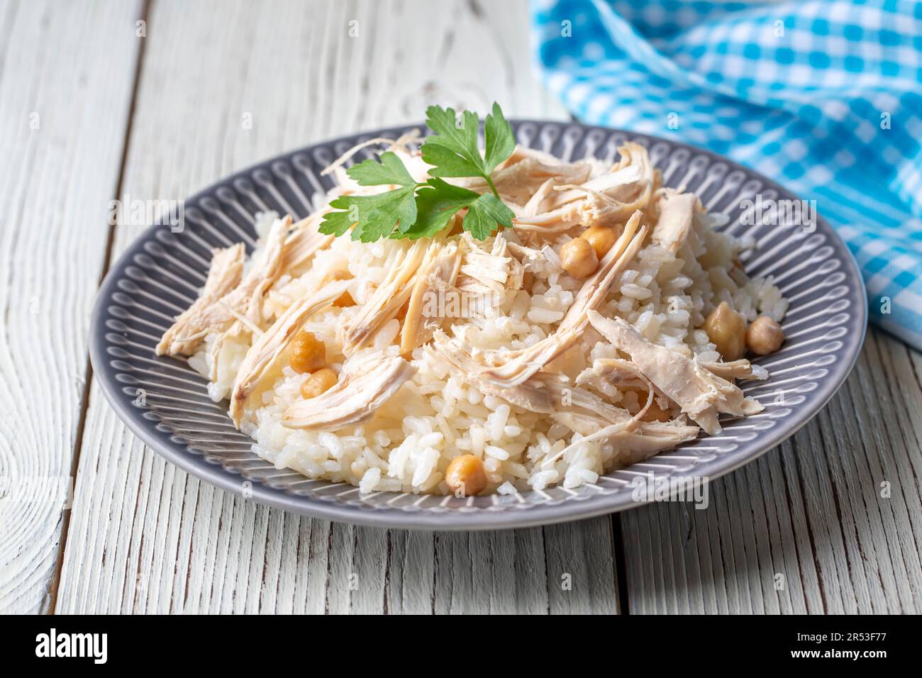 Traditional delicious Turkish food; Rice with chickpeas and chicken ...