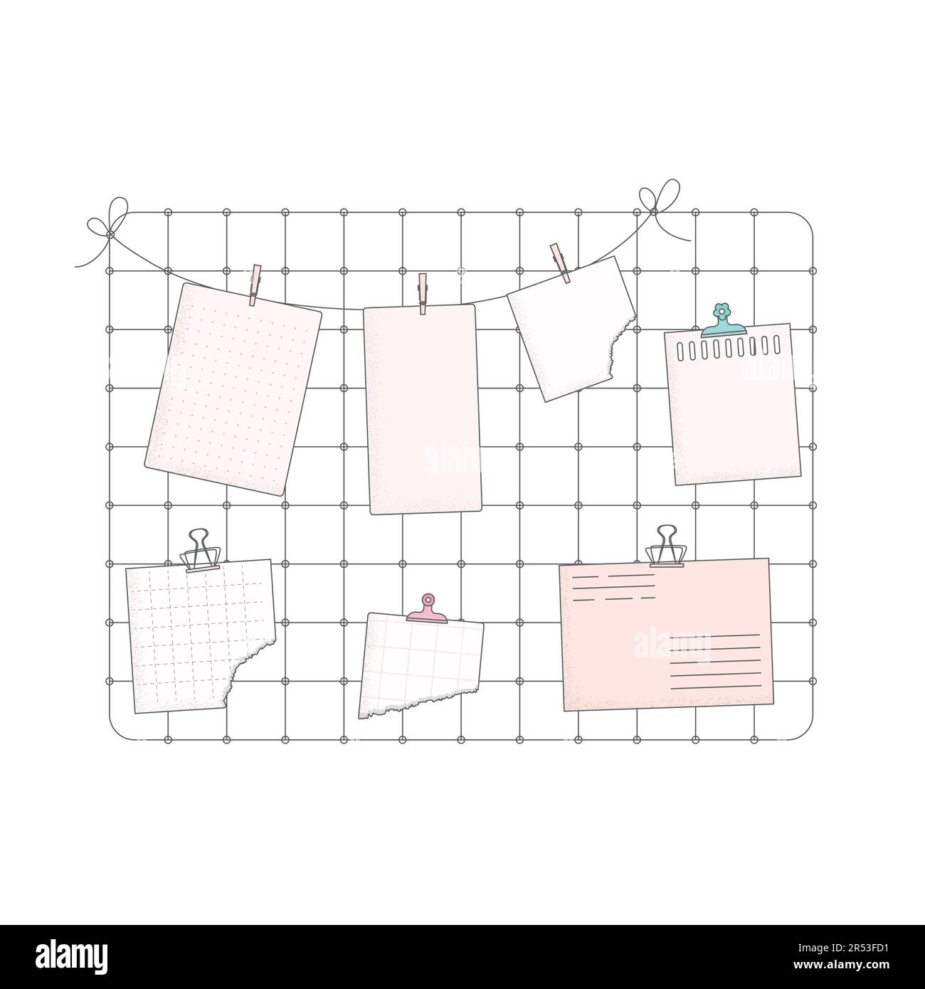 Metal grid wall mood board inspiration. Flat vector illustration with ...