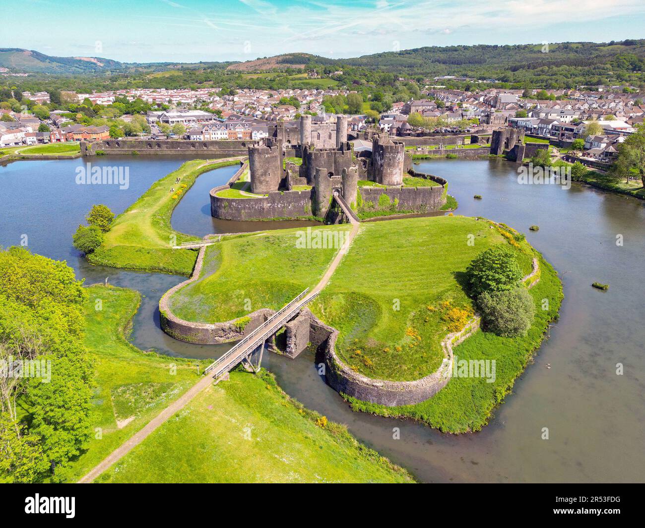 Caerphilly, Wales - May 2023: Aerial view of Caerphilly Castle in south ...