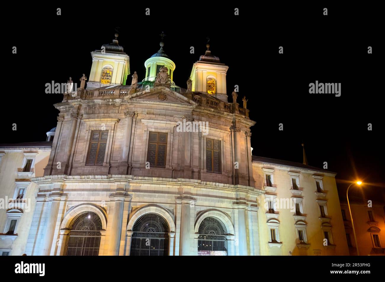 Building architecture and night scene in Madrid, Spain. Madrid is the ...