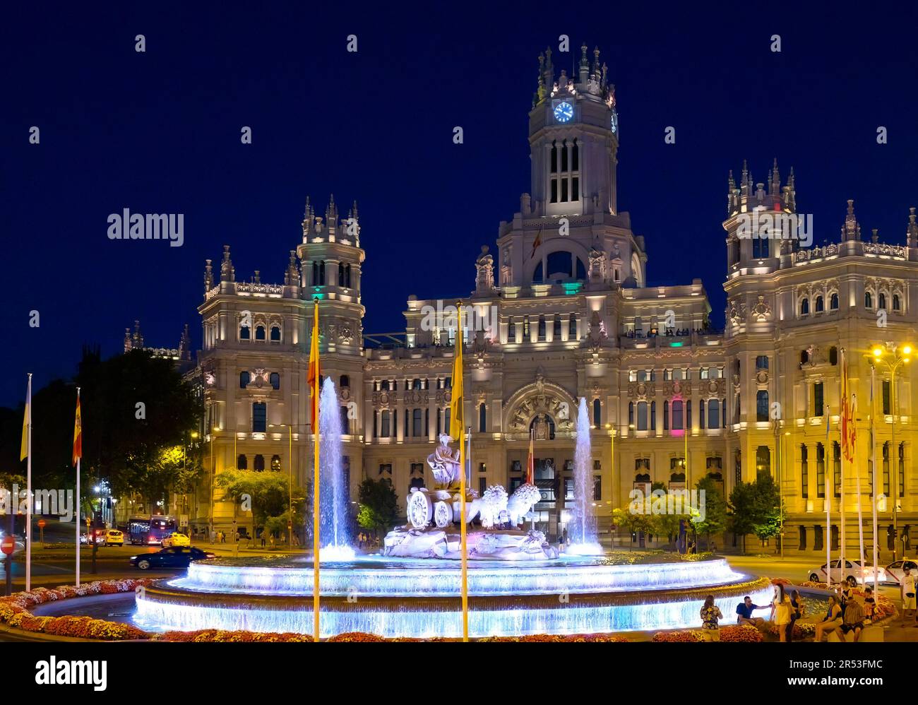Building architecture and night scene in Madrid, Spain. Madrid is the ...
