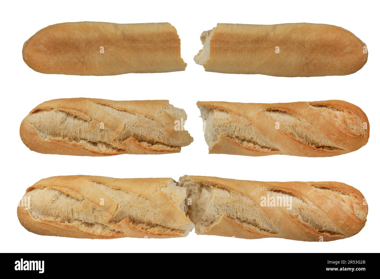 A set of several loaves of long white bread isolated on a white ...