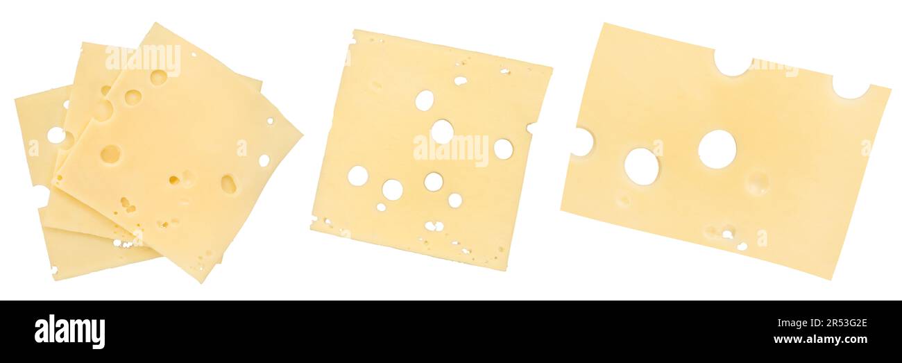 Emmental cheese isolate. Cheese slices with big holes close-up ...
