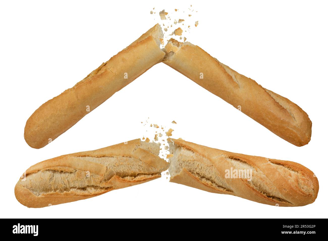 A set of several loaves of long white bread isolated on a white ...