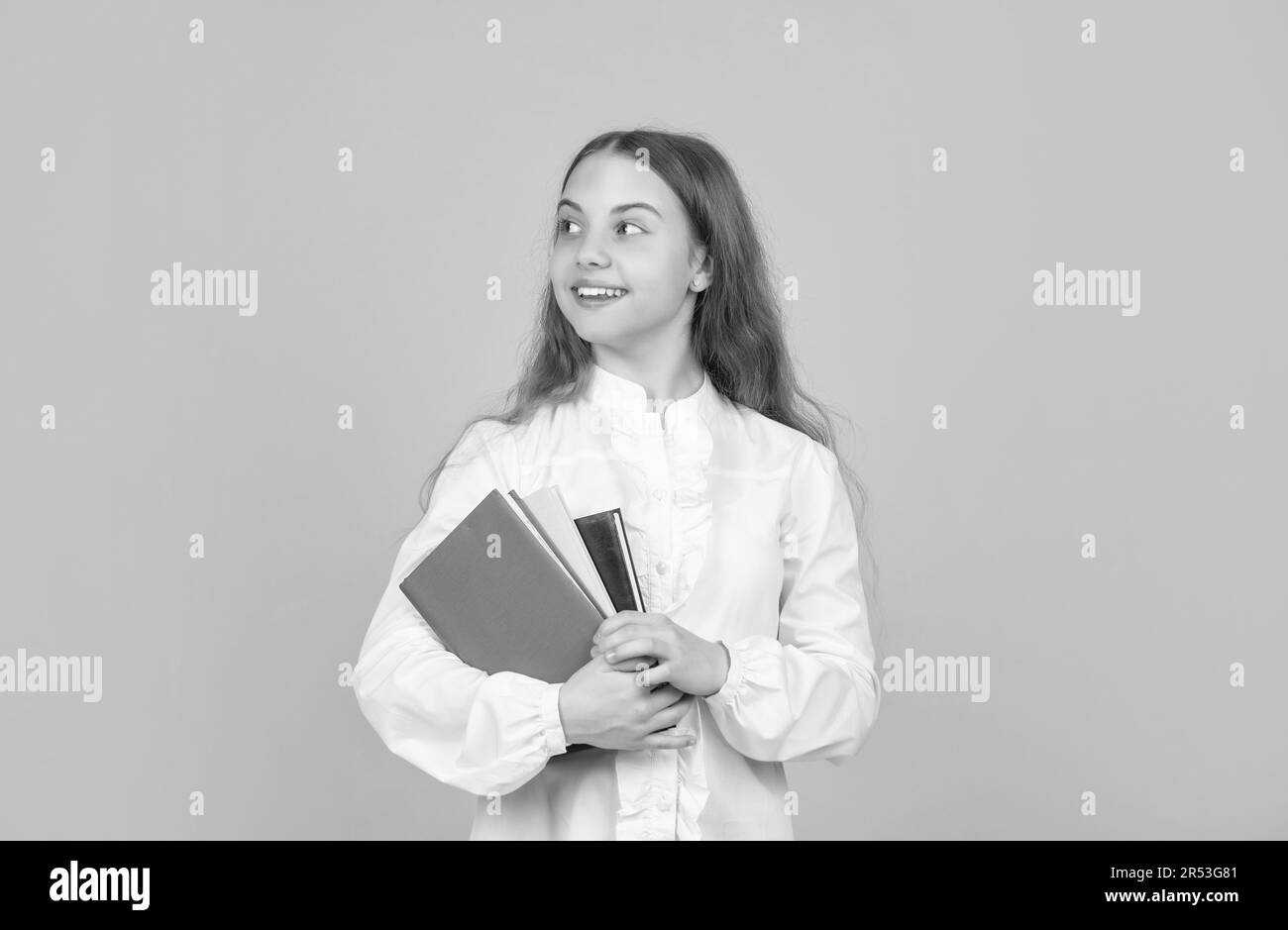 study with workbook. smart smiling child hold book. back to school ...