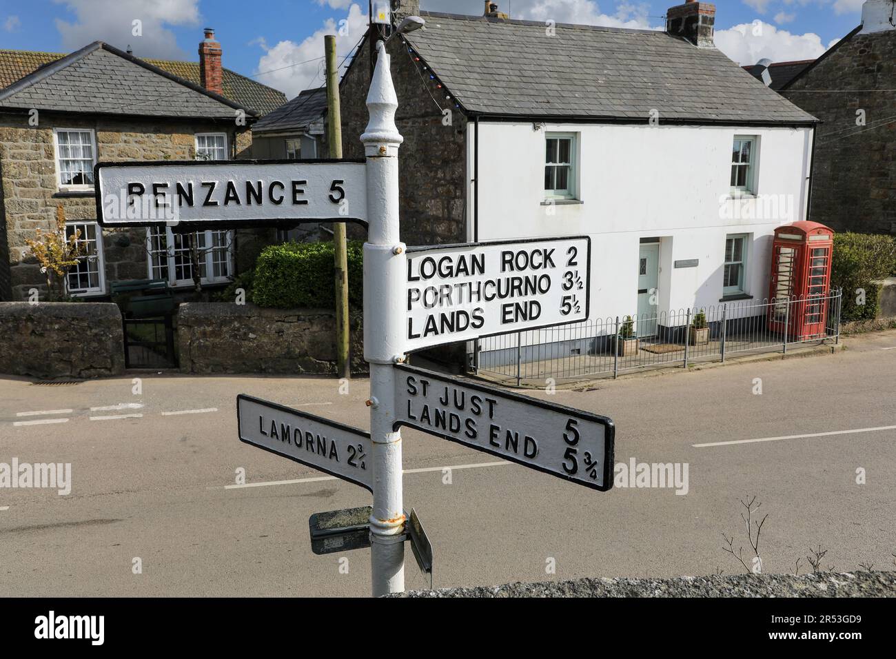 An old cast iron sign post or finger post, St Buryan, Cornwall, England ...