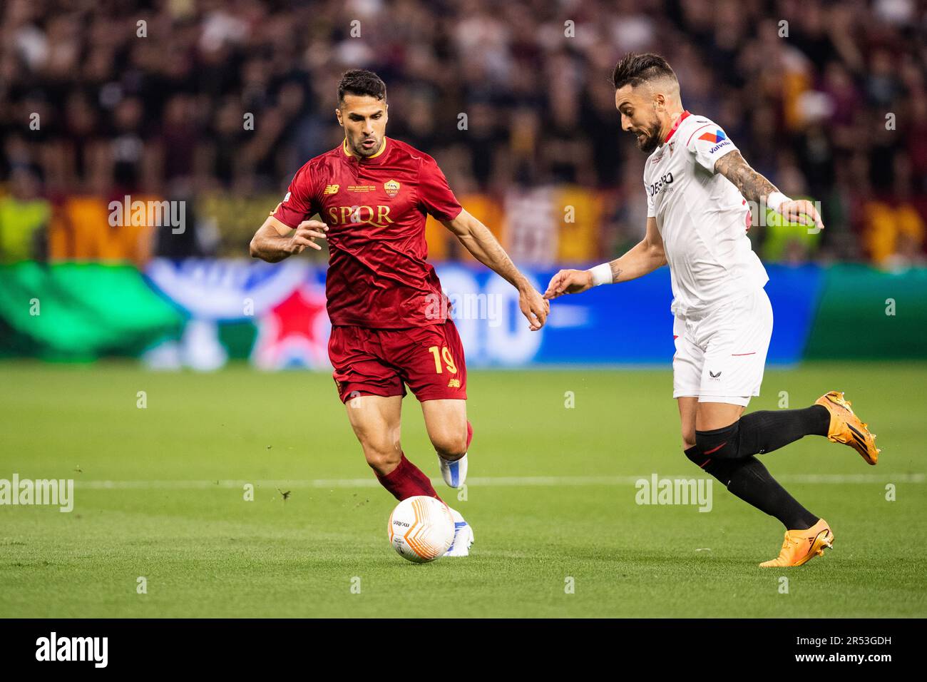 Budapest, Hungary. 31st May, 2023. Zeki Celik (19) of Roma and Alex ...