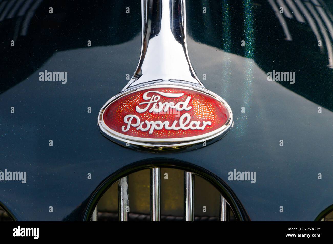chrome red ford popular bonnet badge at vintage classic car show ...