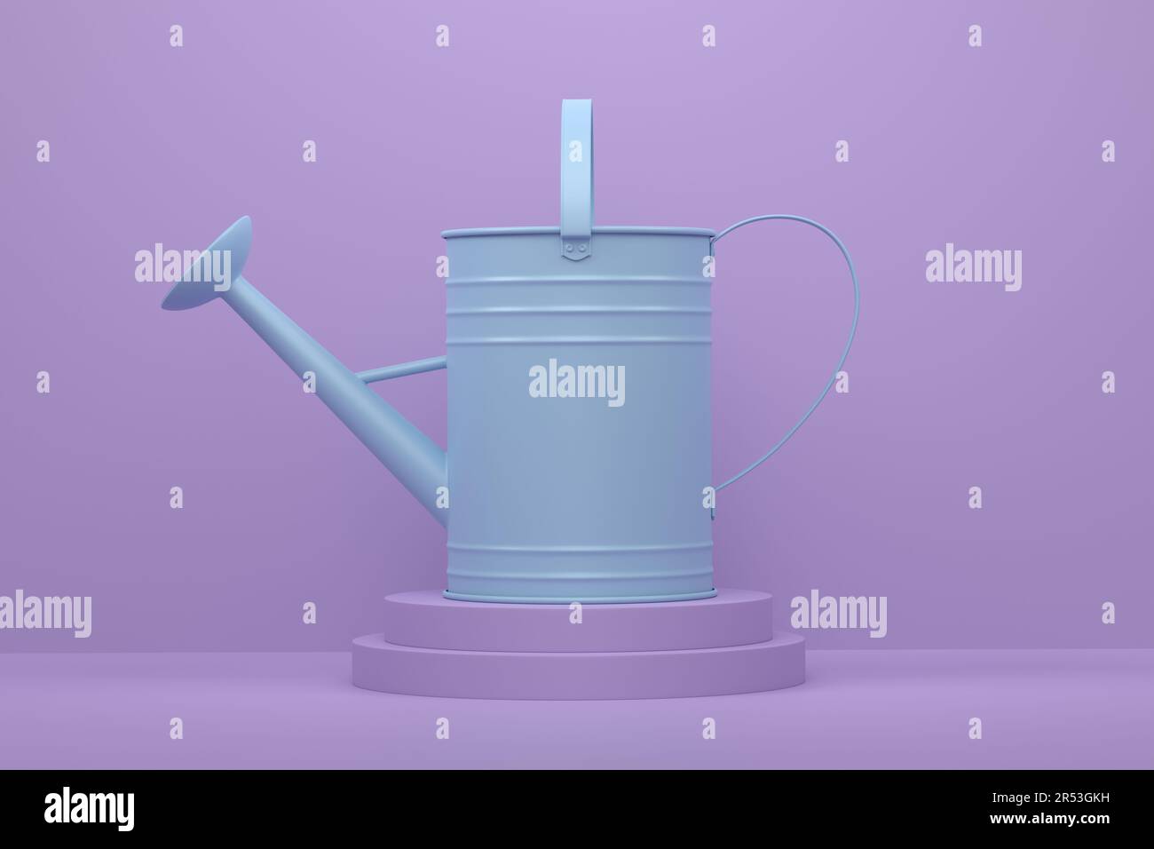 Watering can on cylinder podium with steps on monochrome background. 3d ...