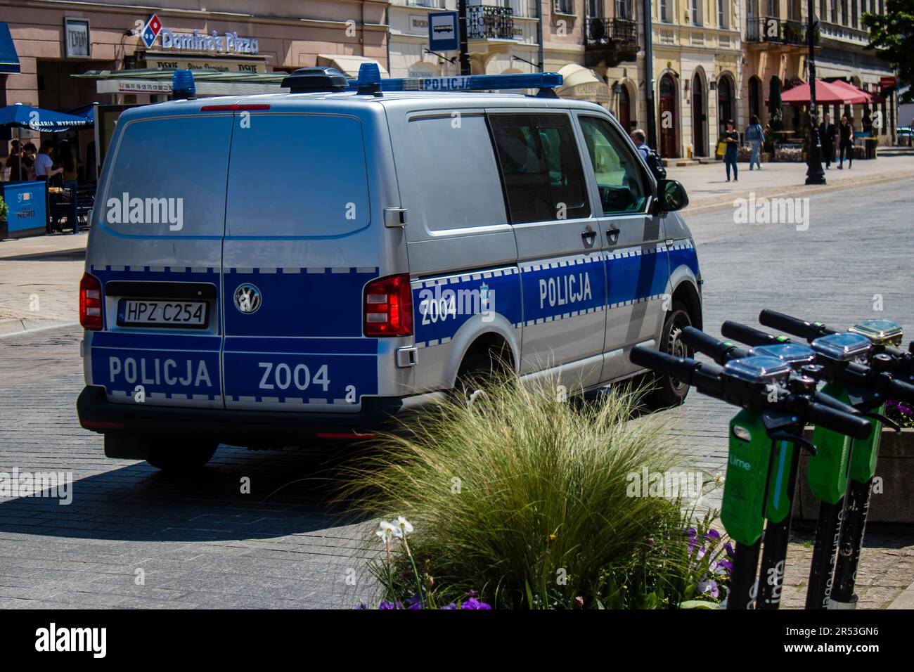 Warsaw, Poland - May 28, 2023 Police car driving in the city center of ...