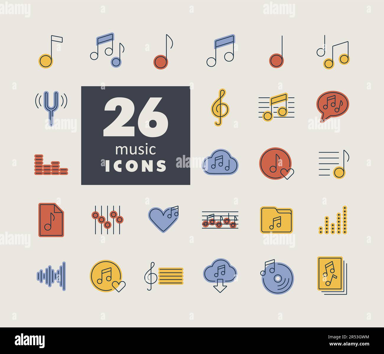 Music notes flat vector isolated icons set. Graph symbol for music and ...