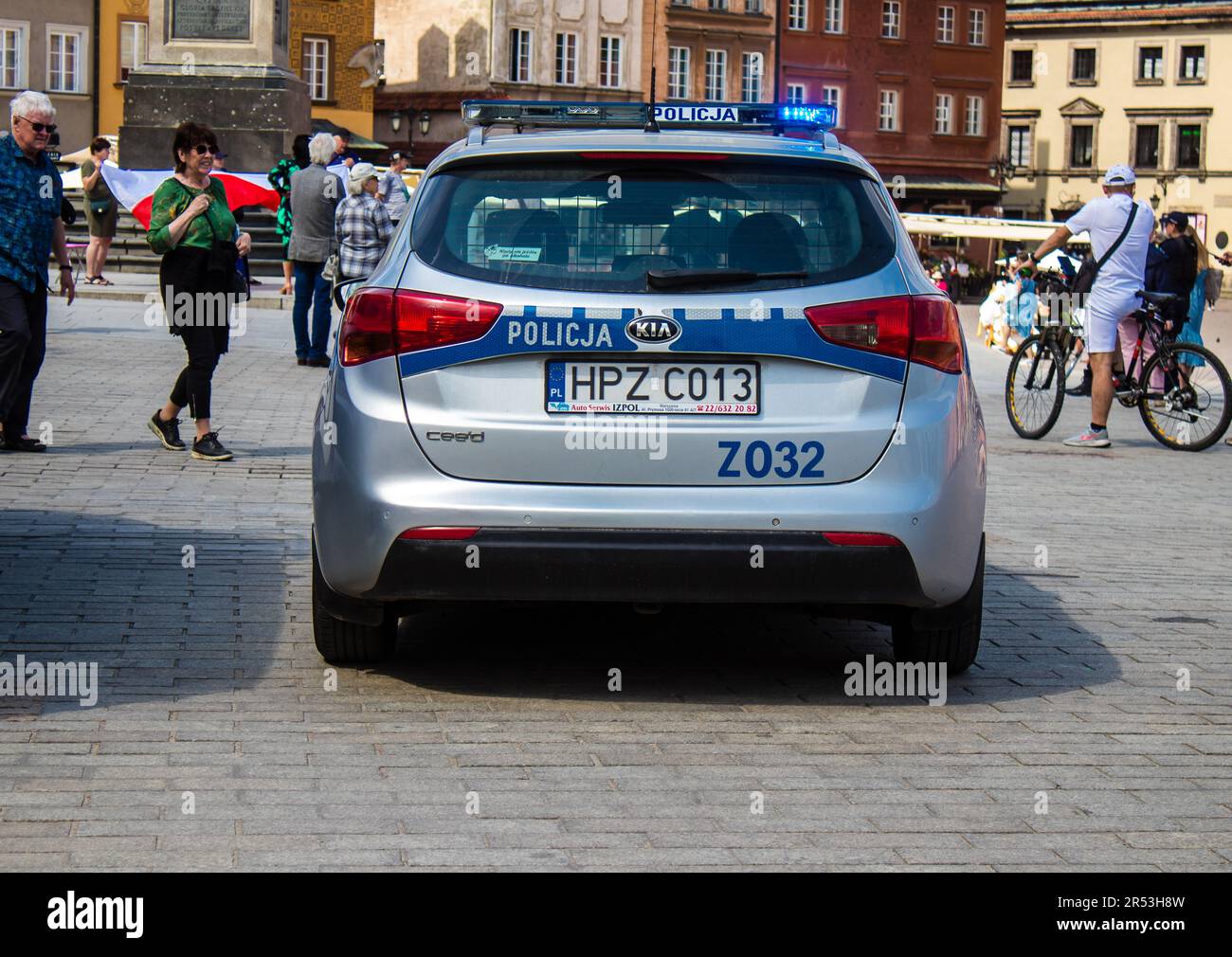 Warsaw, Poland - May 28, 2023 Police car driving in the city center of ...