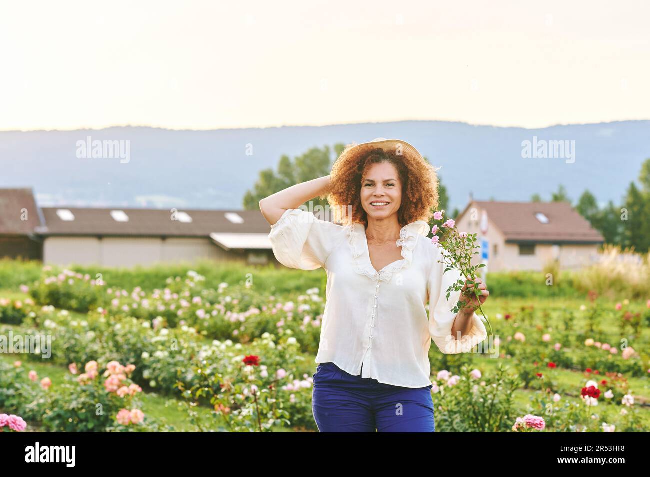 Countryside lifestyle, outdoor portrait of beautiful middle age 50 - 55 ...