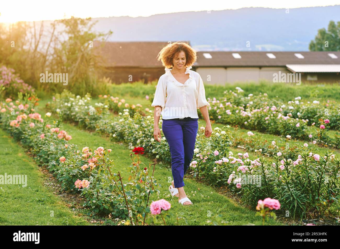 Countryside lifestyle, outdoor portrait of beautiful middle age 50 - 55 ...