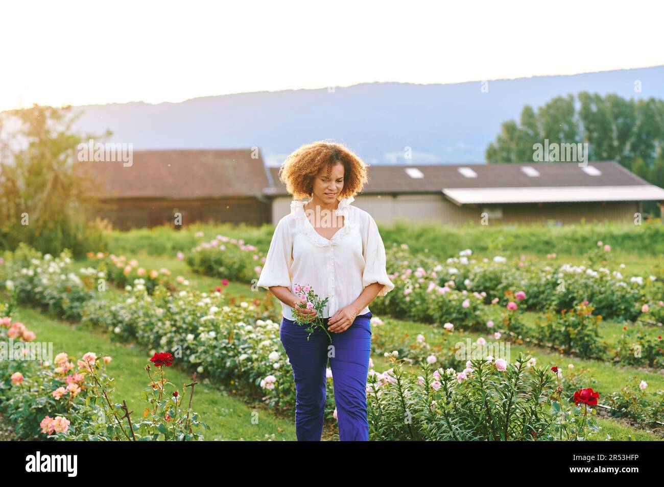 Countryside lifestyle, outdoor portrait of beautiful middle age 50 - 55 ...