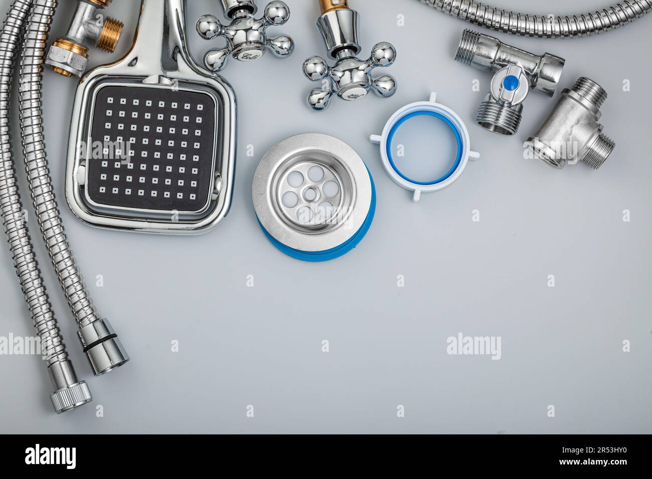 Bathroom Plumbing Accessories On White Background Stock Photo - Alamy