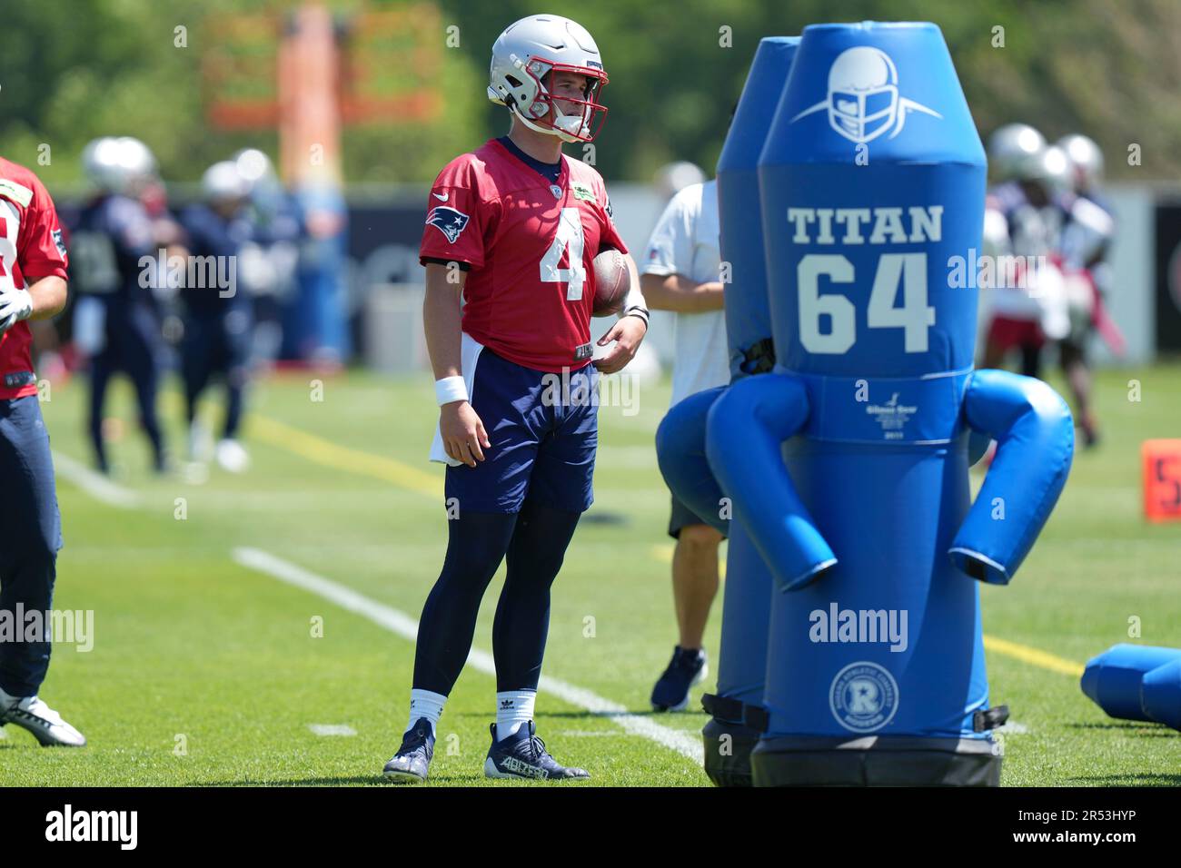 New England Patriots quarterback Bailey Zappe (4) holds the ball in ...