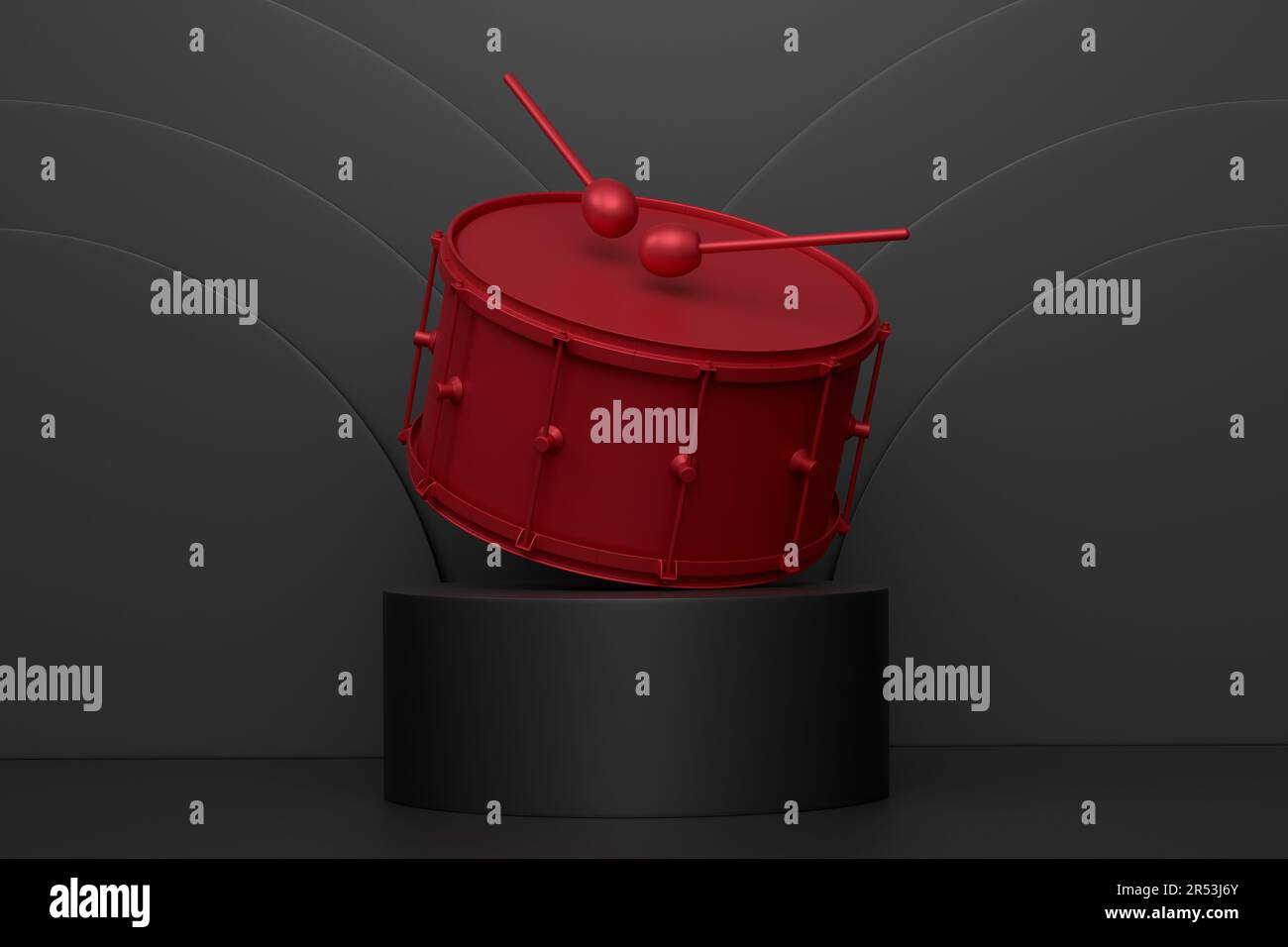 Drum and wooden drum sticks on cylinder podium with steps on monochrome ...