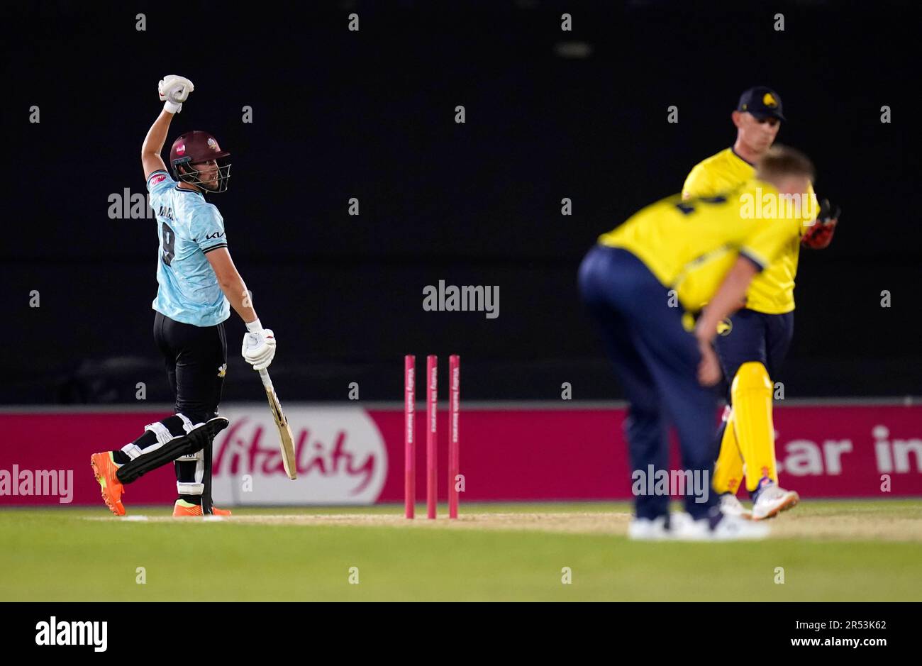 Surrey's Will Jacks (left) celebrates scoring the winning runs during ...