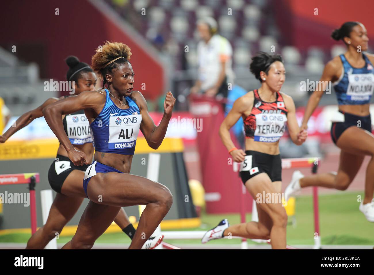 Nia Ali running the 100m hurdles at the 2019 World Athletics ...