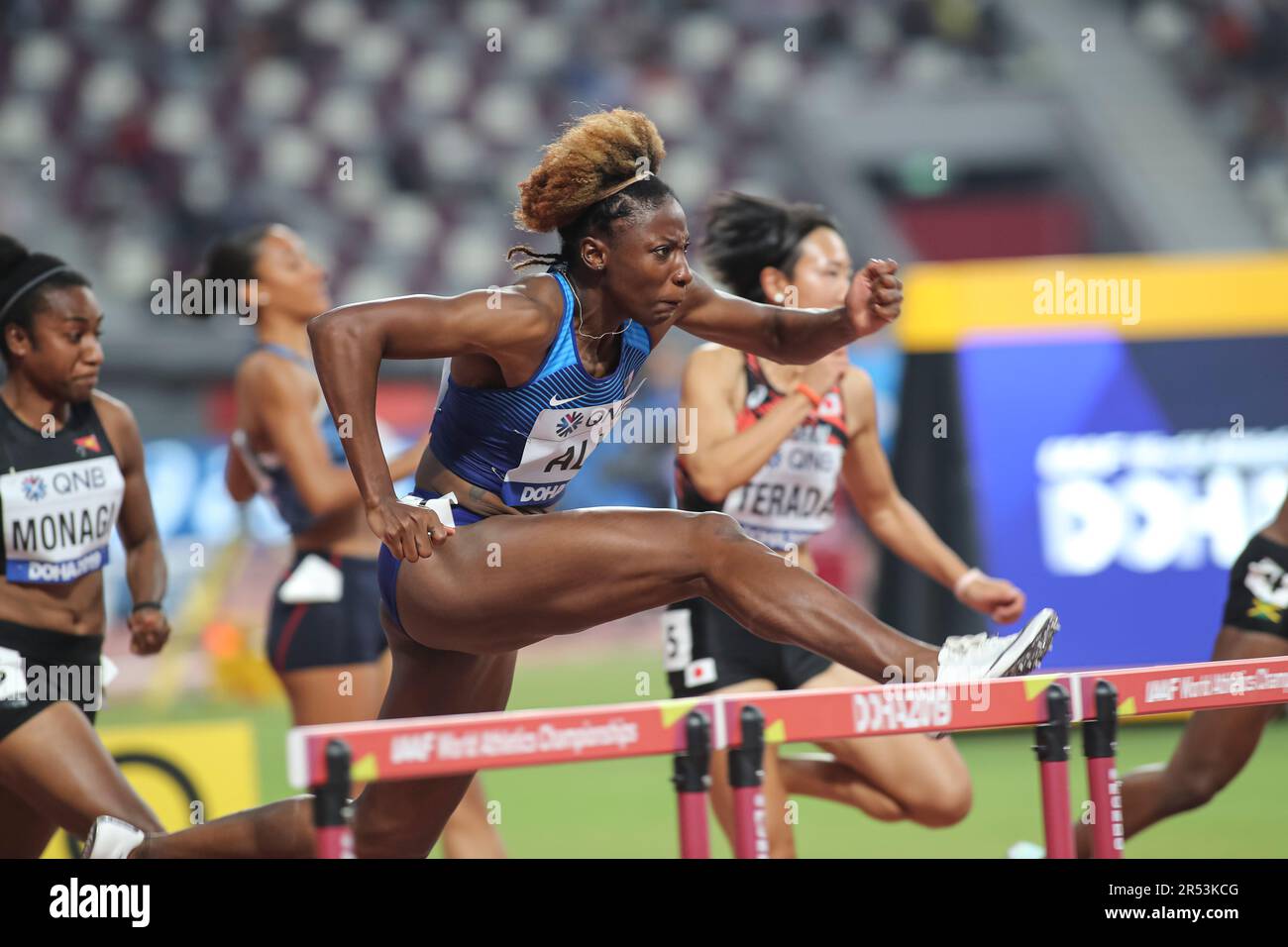 Nia Ali running the 100m hurdles at the 2019 World Athletics ...