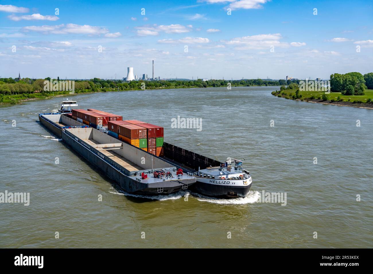 Cargo ship Mellizo, container freighter, only partly loaded, on the ...