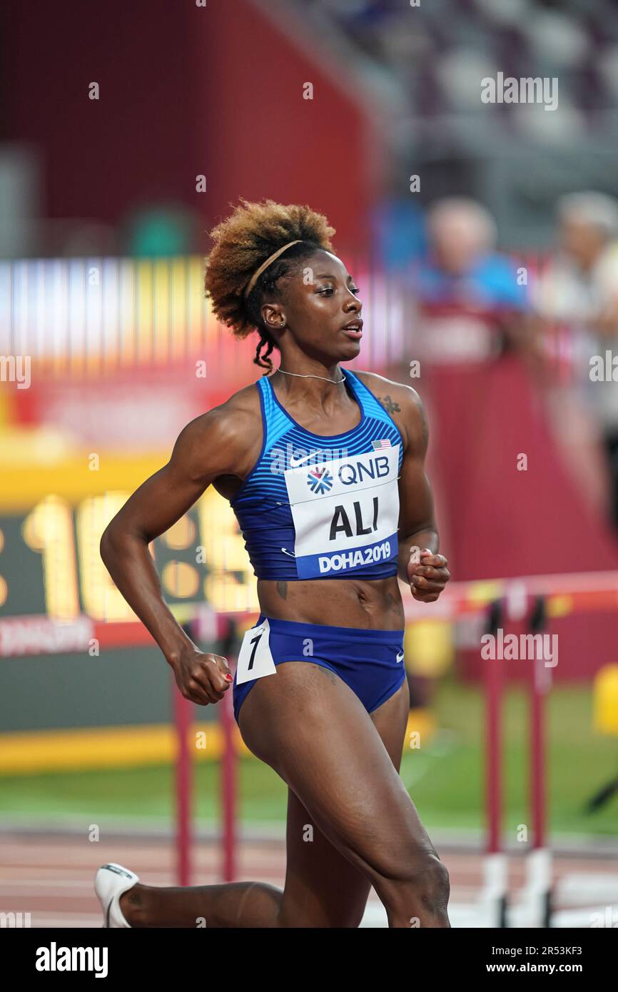Nia Ali running the 100m hurdles at the 2019 World Athletics ...